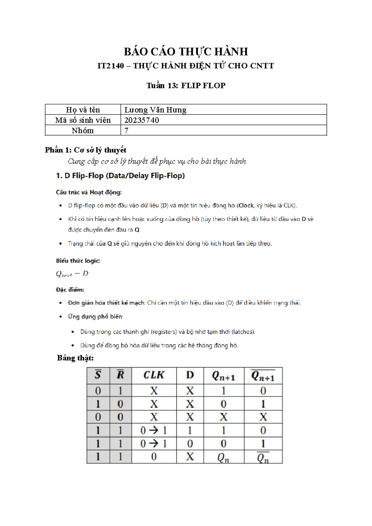 Lab 13: Thực hành Flip Flop - IT2140 - Nhóm 7 - 20235740 - Studocu