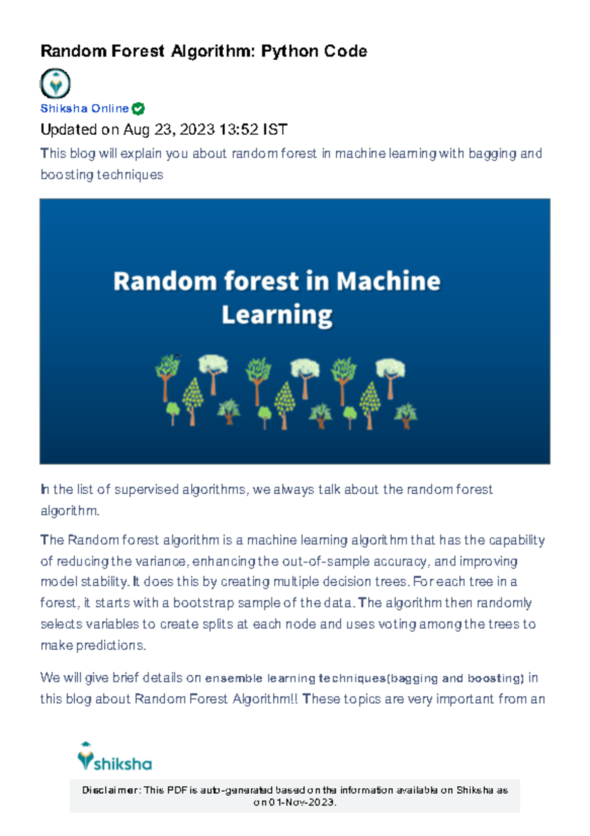 Random Forest Algorithm - Comprehensive Study Notes (CS101) - Studocu