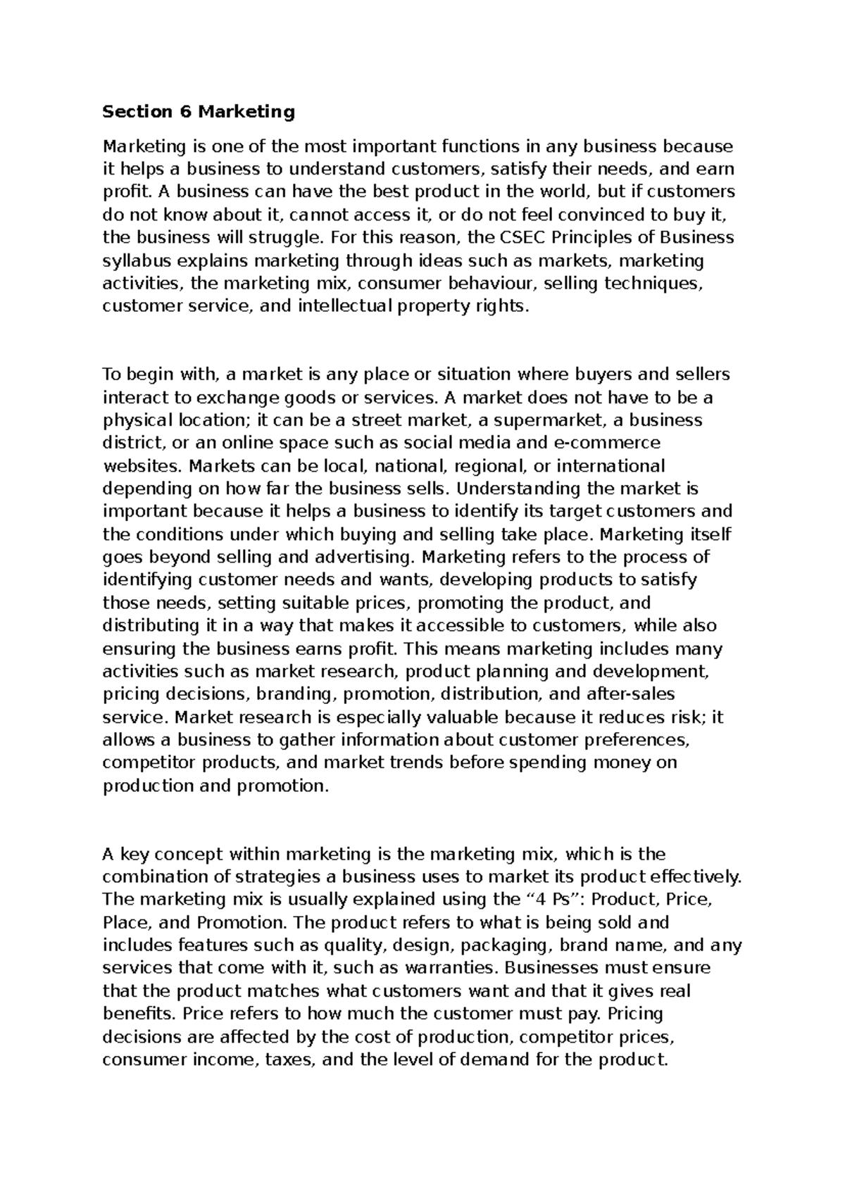 CSEC Principles of Business: Section 6 Marketing Notes - Studocu