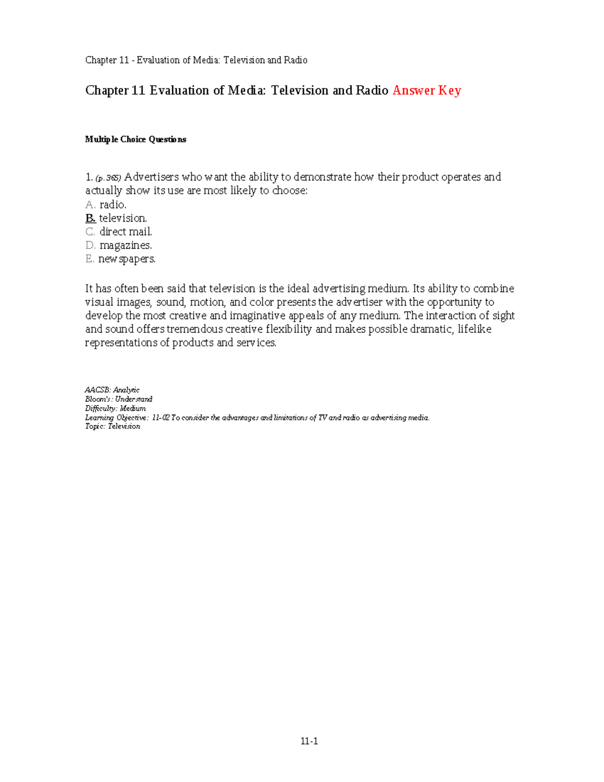 Chap 011 - Evaluation of Media: TV & Radio M/C Answer Key - Studocu