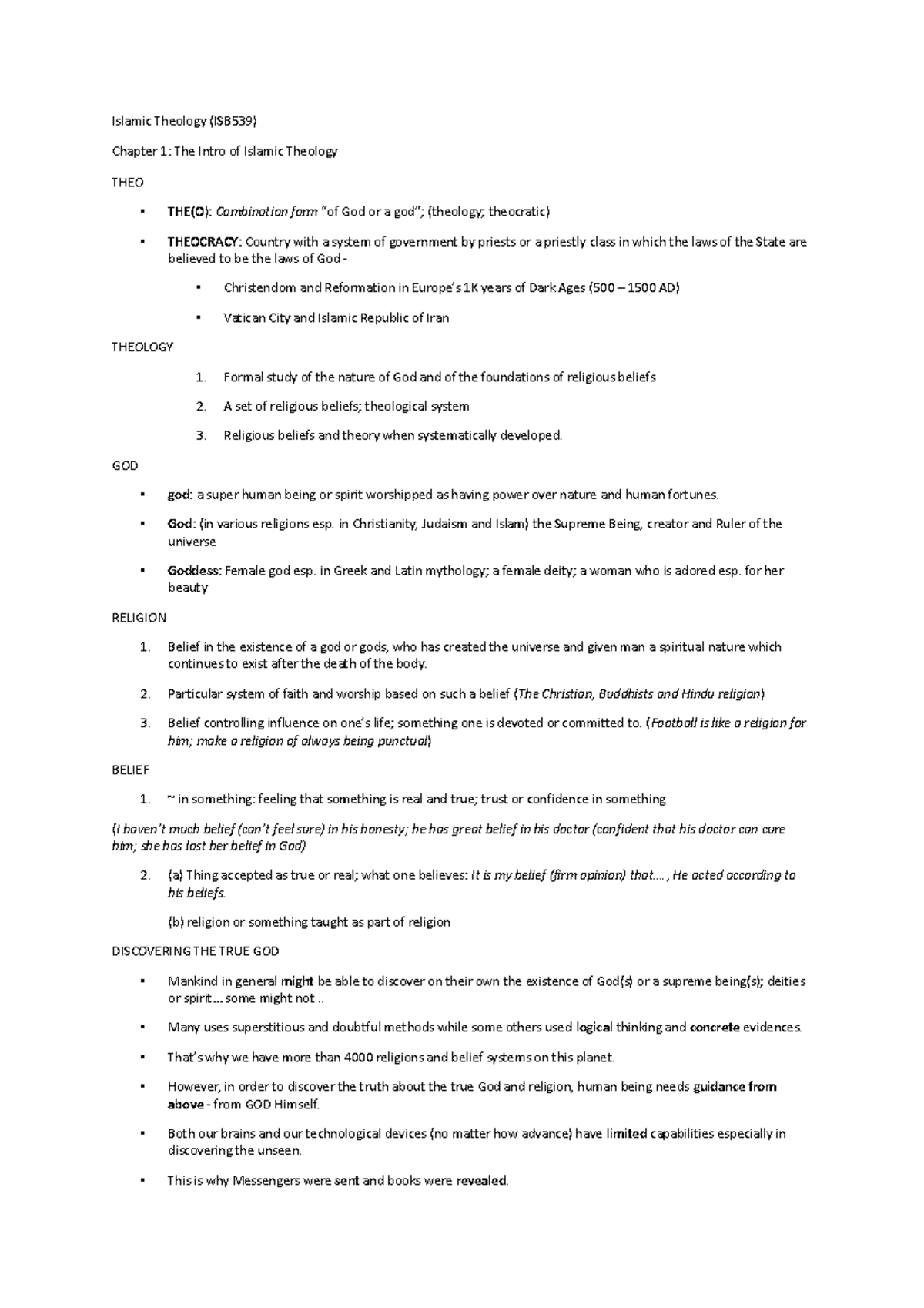 Islamic Theology Chapter 1 Overview (ISB539) - Studocu