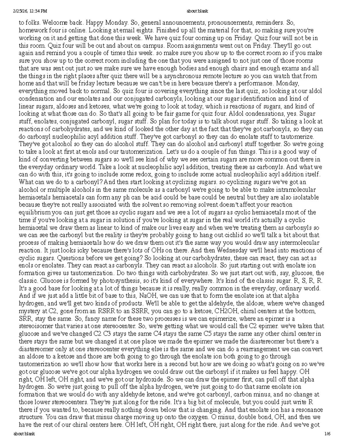 Chem 101: Lecture on Carbohydrate Reactions and Quiz 4 Details - Studocu