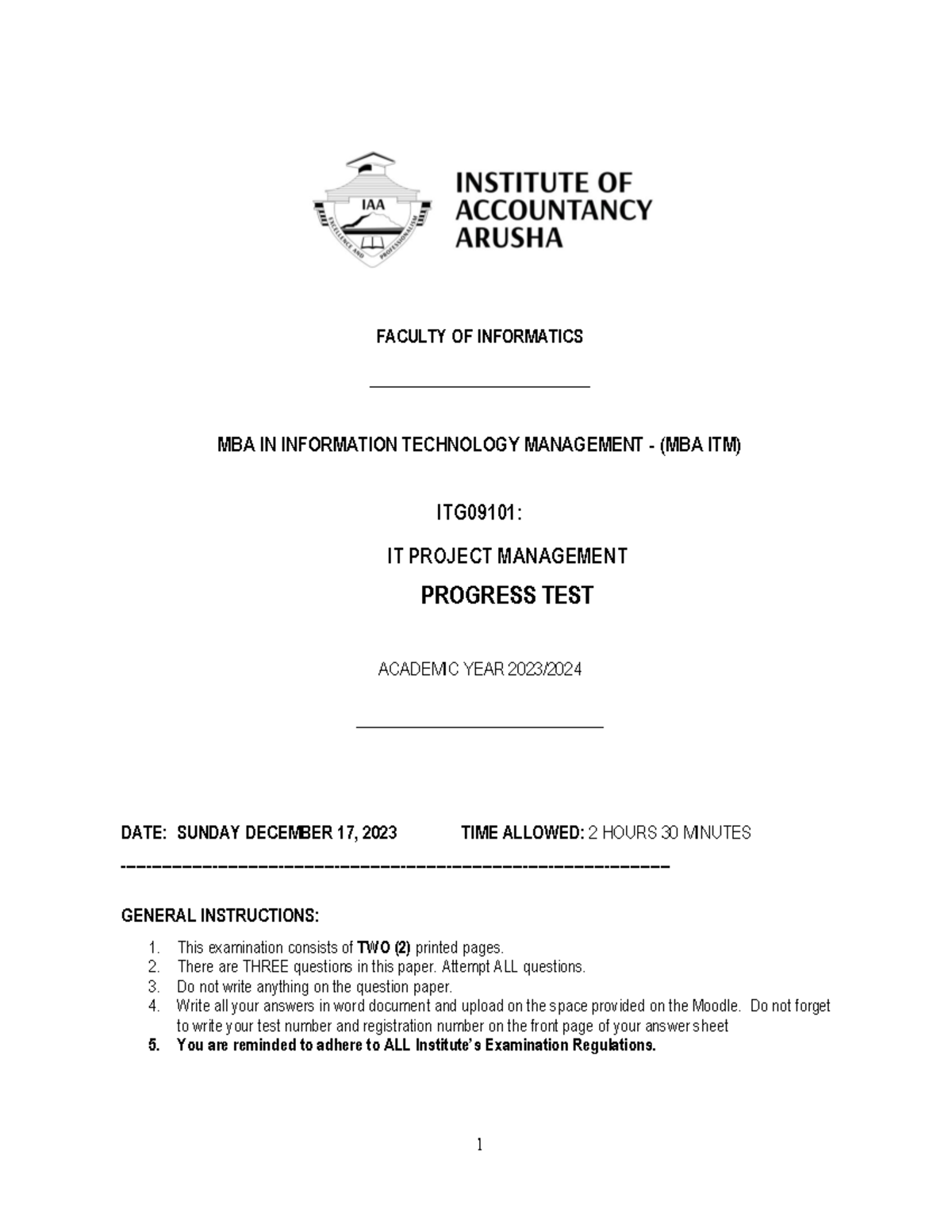 MBA ITM ITG09101: Blended Progress Test - IT Project Management Dec ...