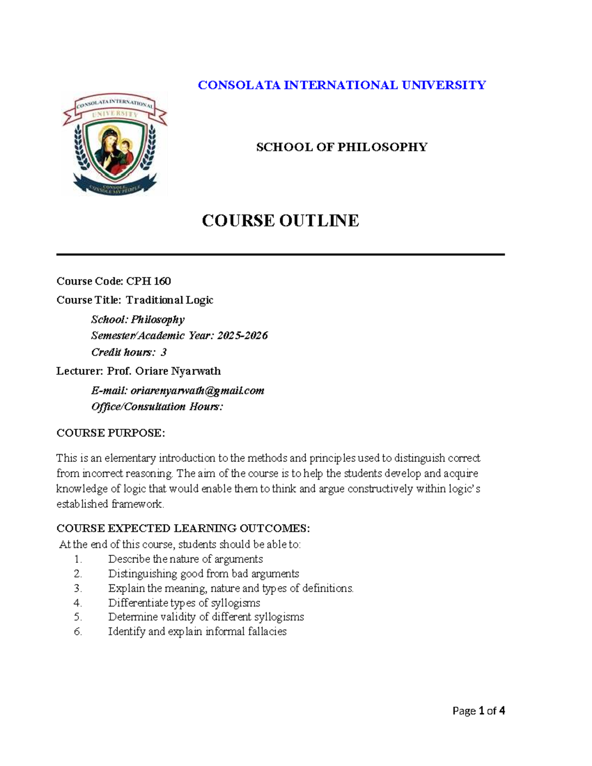 Course Outline CPH 160: Traditional Logic (Aug-Dec 2025) - Studocu