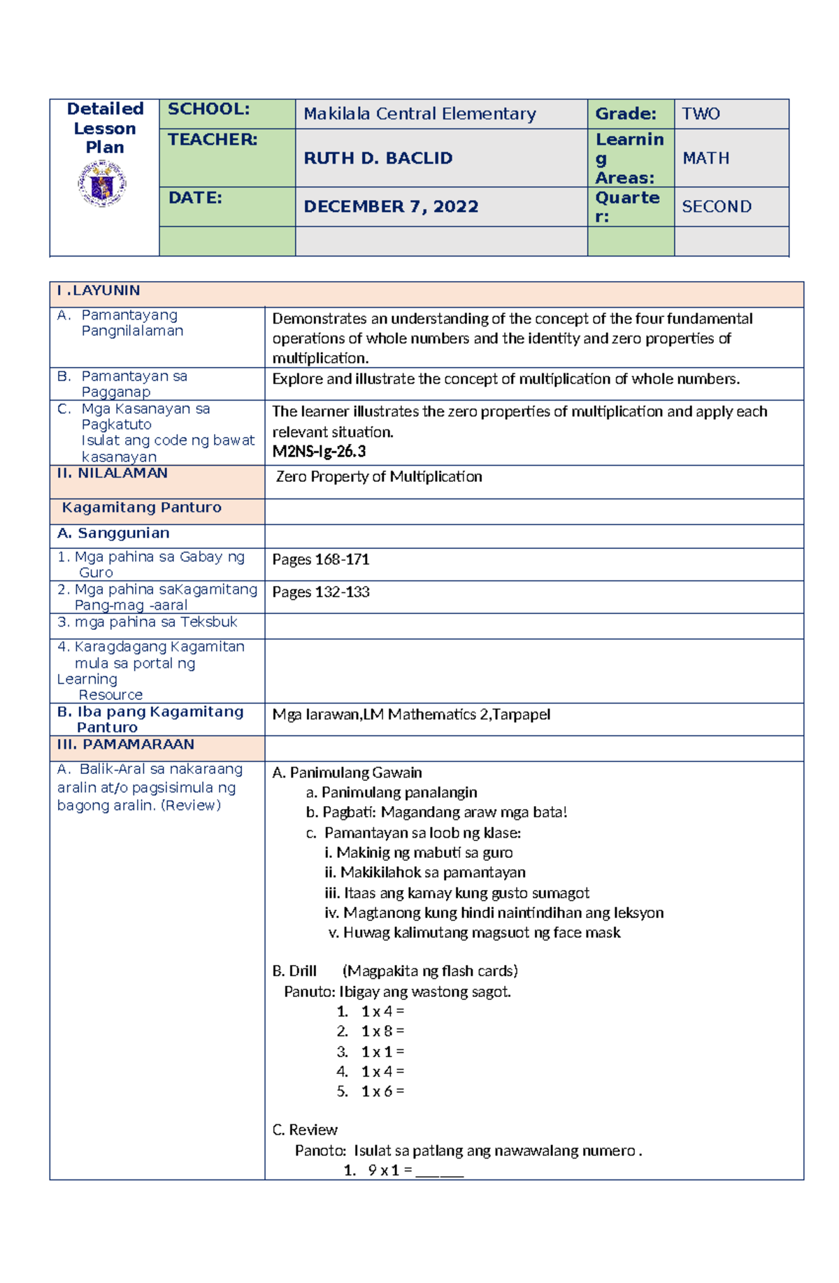 Grade 2 COT Math Lesson Plan: Understanding Zero Properties - Studocu