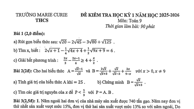Đề Kiểm Tra Học Kỳ 1 Môn Toán 9 - Trường Marie Curie 2025-2026 - Studocu