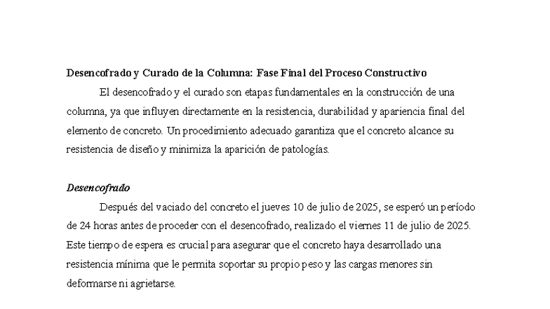 Desencofrado y Curado de Columnas: Proceso Constructivo Esencial - Studocu