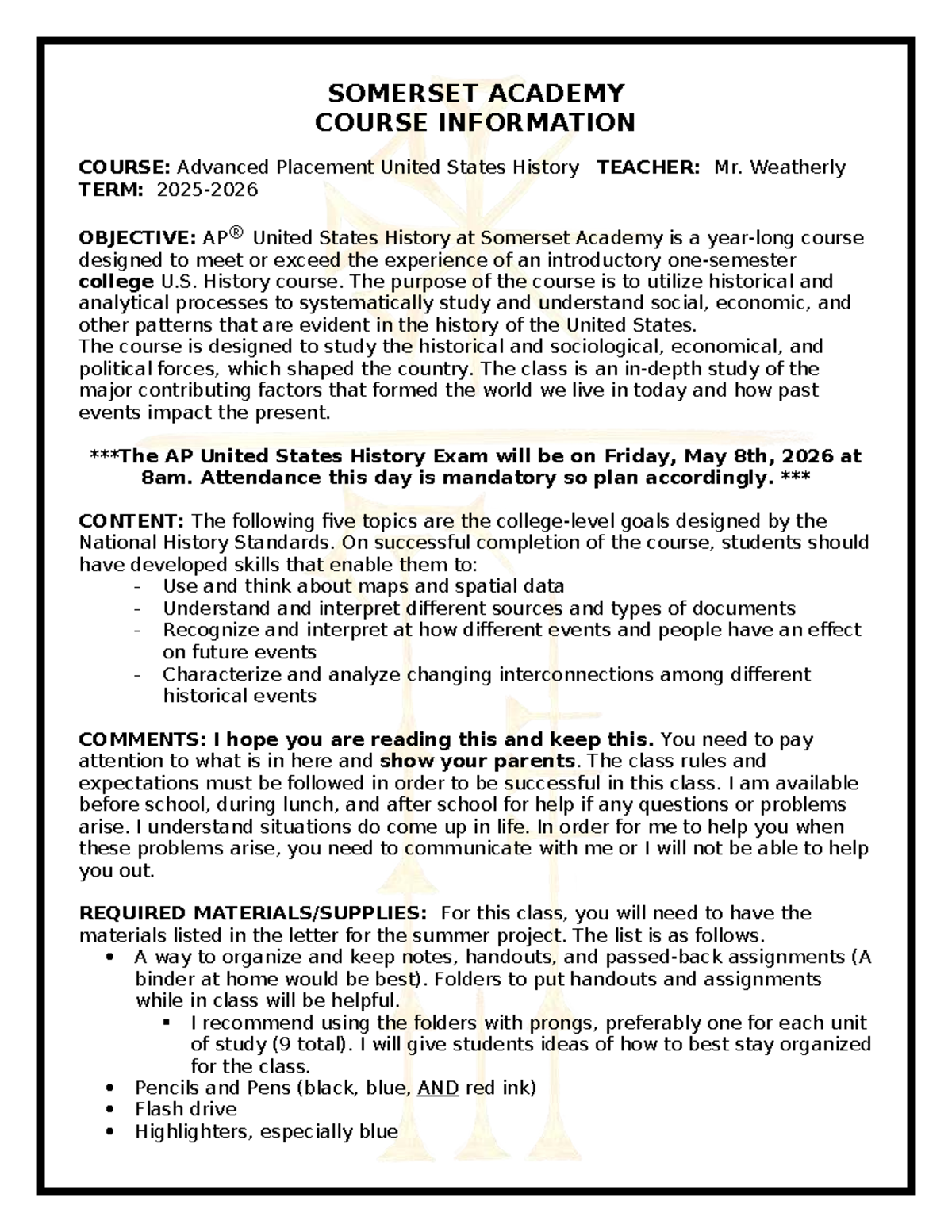 APUSH Student Syllabus 2025-2026: Course Info & Expectations - Studocu