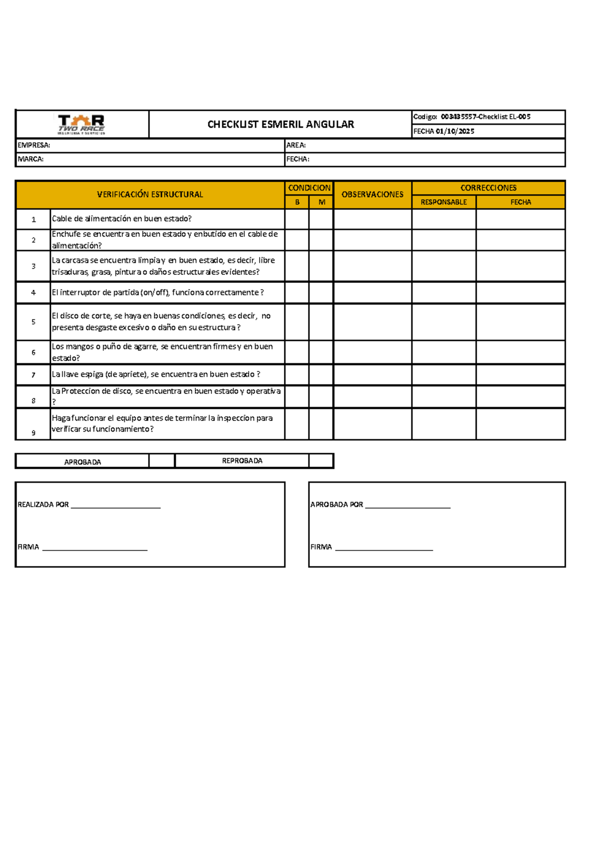 Checklist ESMERIL ANGULAR: Verificación Estructural y Funcionamiento ...
