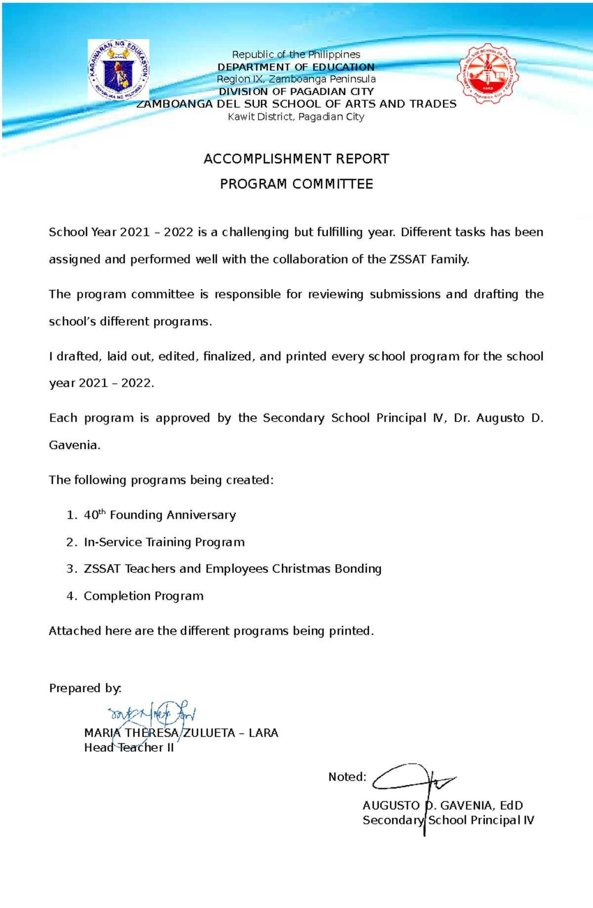 Accomplishment Report of Program Committee (SY 2021-2022) - Studocu
