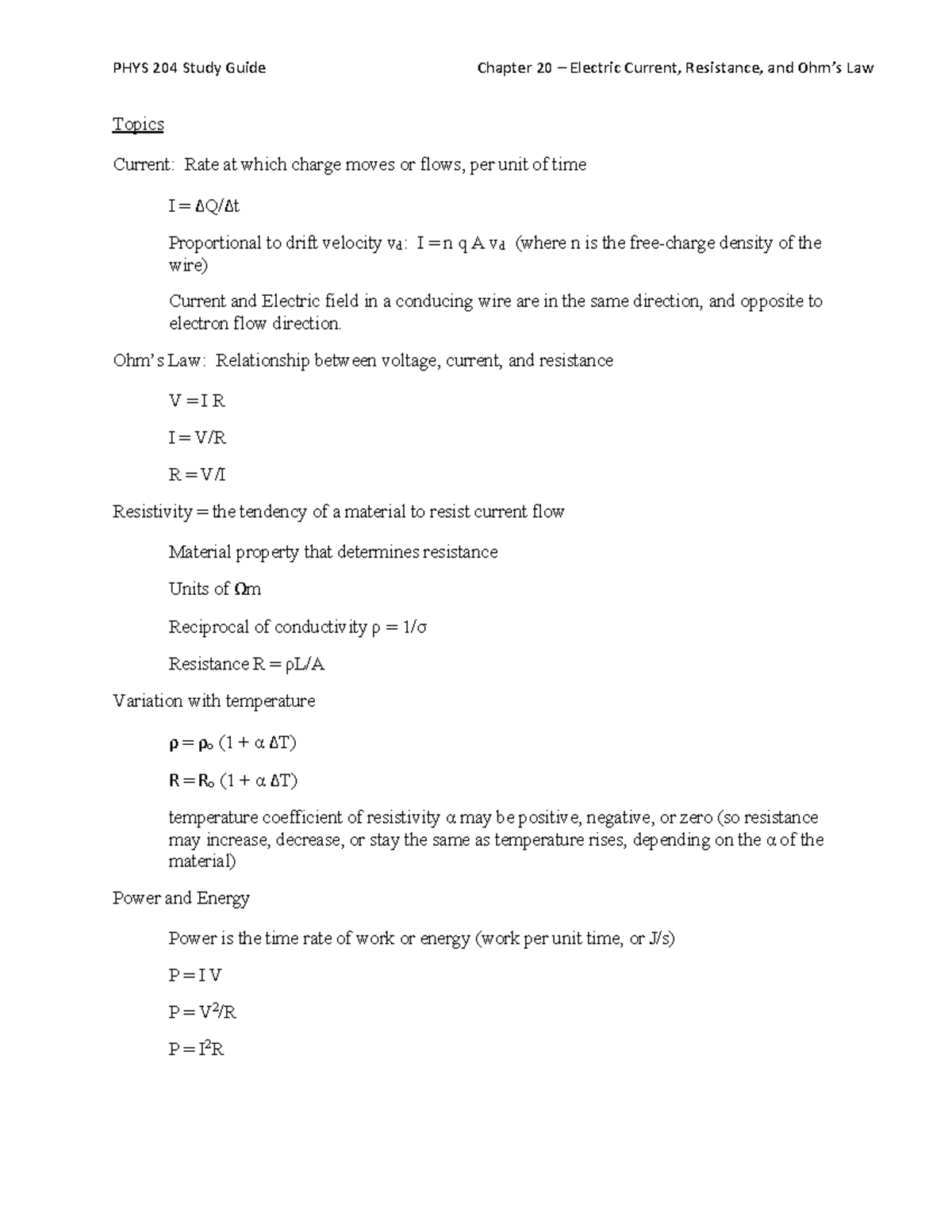 PHYS 204 Study Guide: Chapter 20 - Electric Current, Resistance, & Ohm ...
