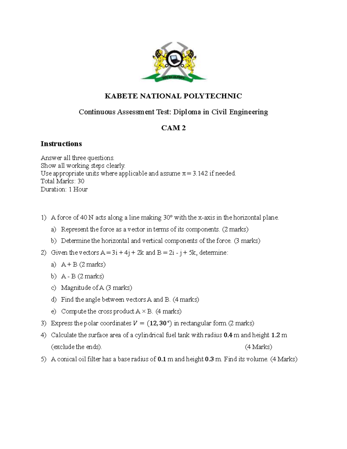 CVL J26 Continuous Assessment Test: Diploma in Civil Engineering CAM 2 ...
