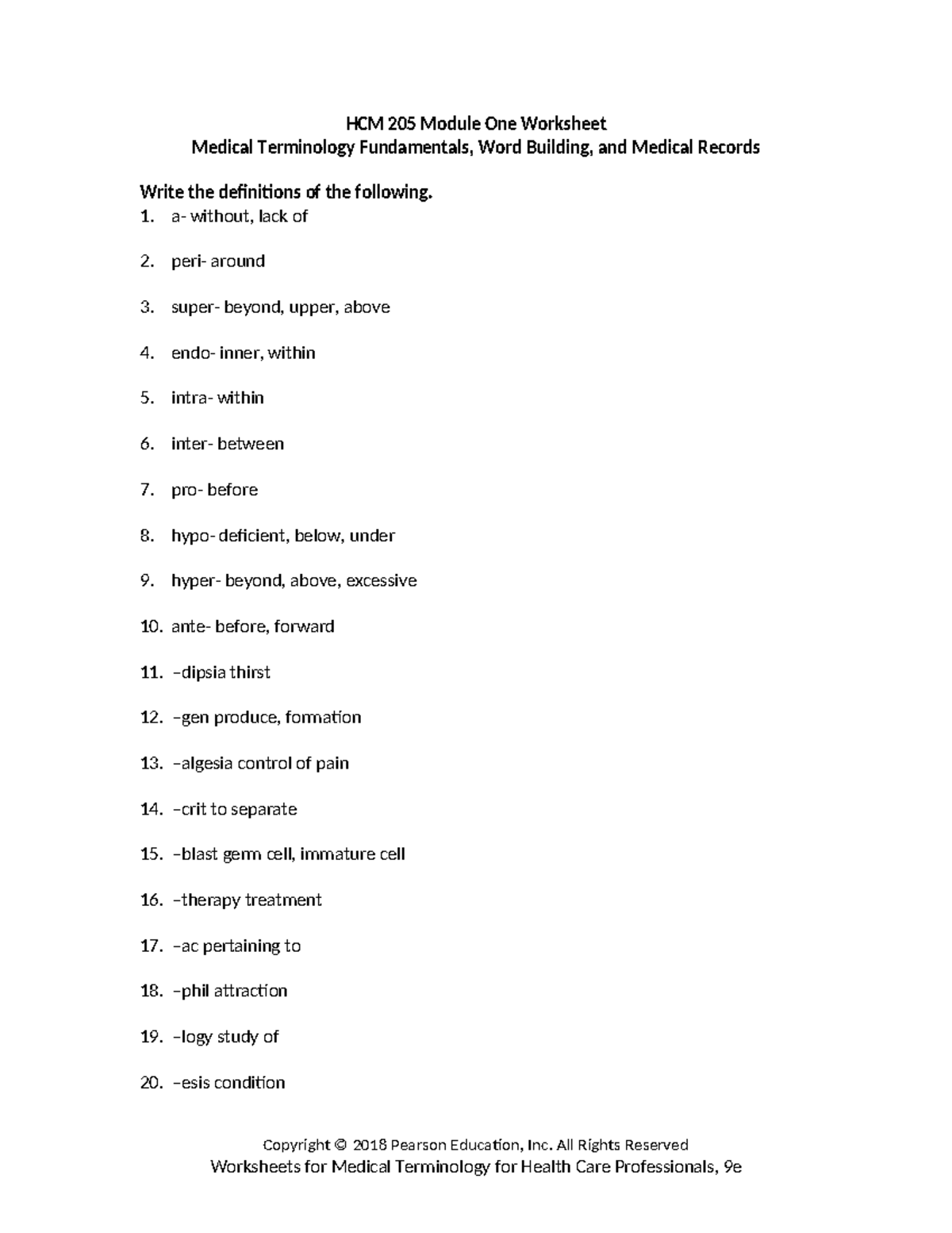 HCM 205 Medical Terminology & Word Building Worksheet - Studocu