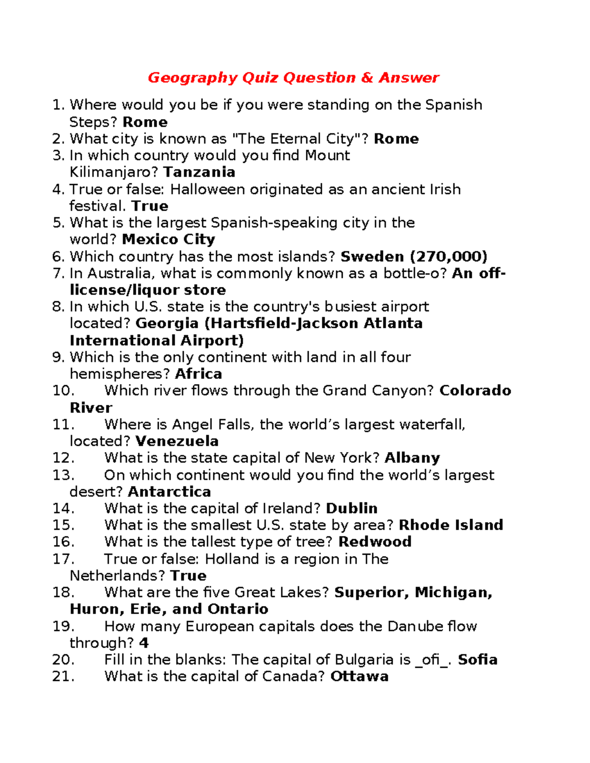 Geography Quiz Question & Answer - Geography Quiz Question & Answer ...