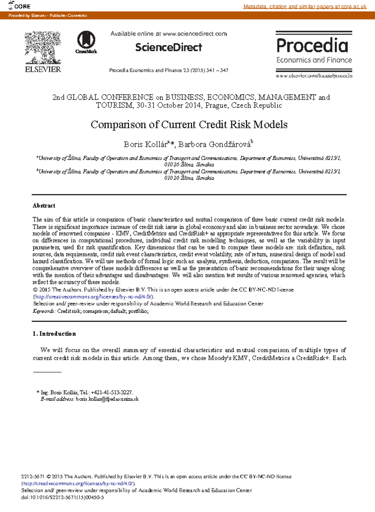 Comparison of Credit Risk Models: KMV, CreditMetrics & CreditRisk+ ...
