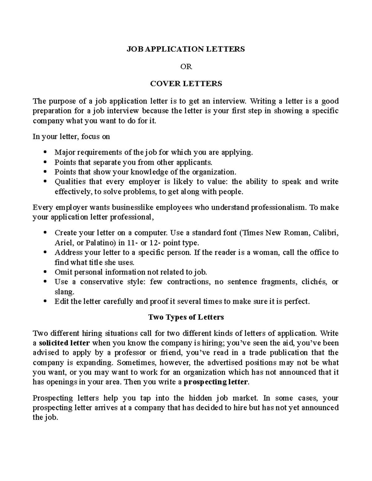 Job Application Letters: Key Tips and Sample Prospecting Letter - Studocu