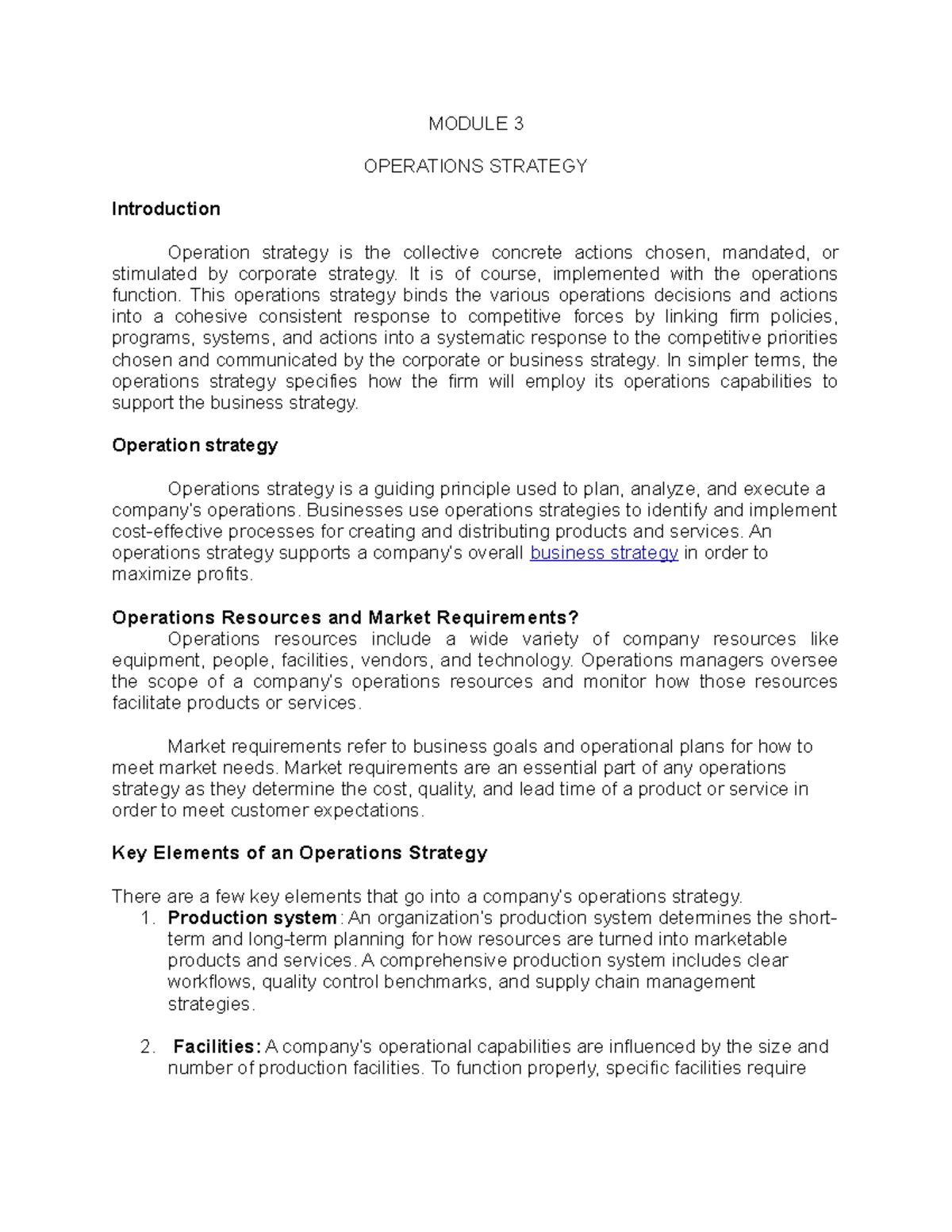 Module 3 - Comprehensive Overview of Operations Strategy - Studocu