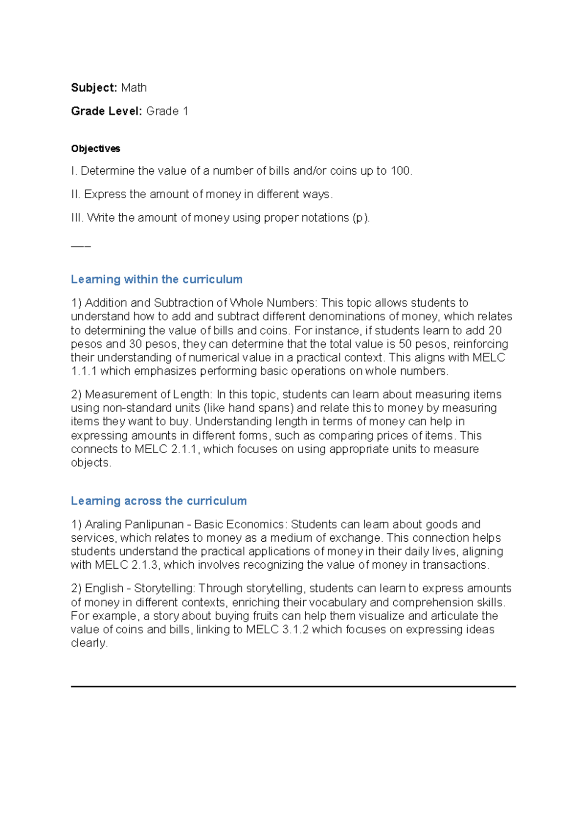 Math Lesson Plan for Grade 1: Understanding Money Values and ...