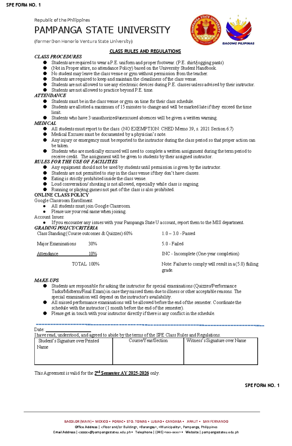 SPE FORM NO. 1: Class Rules & Regulations for P.E. Students - Studocu
