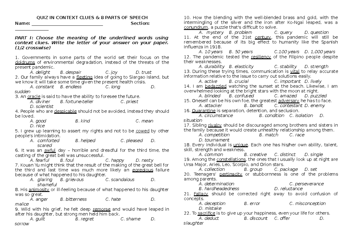 QUIZ ON Context Clues & Parts of Speech - ENGLISH 101 - Studocu