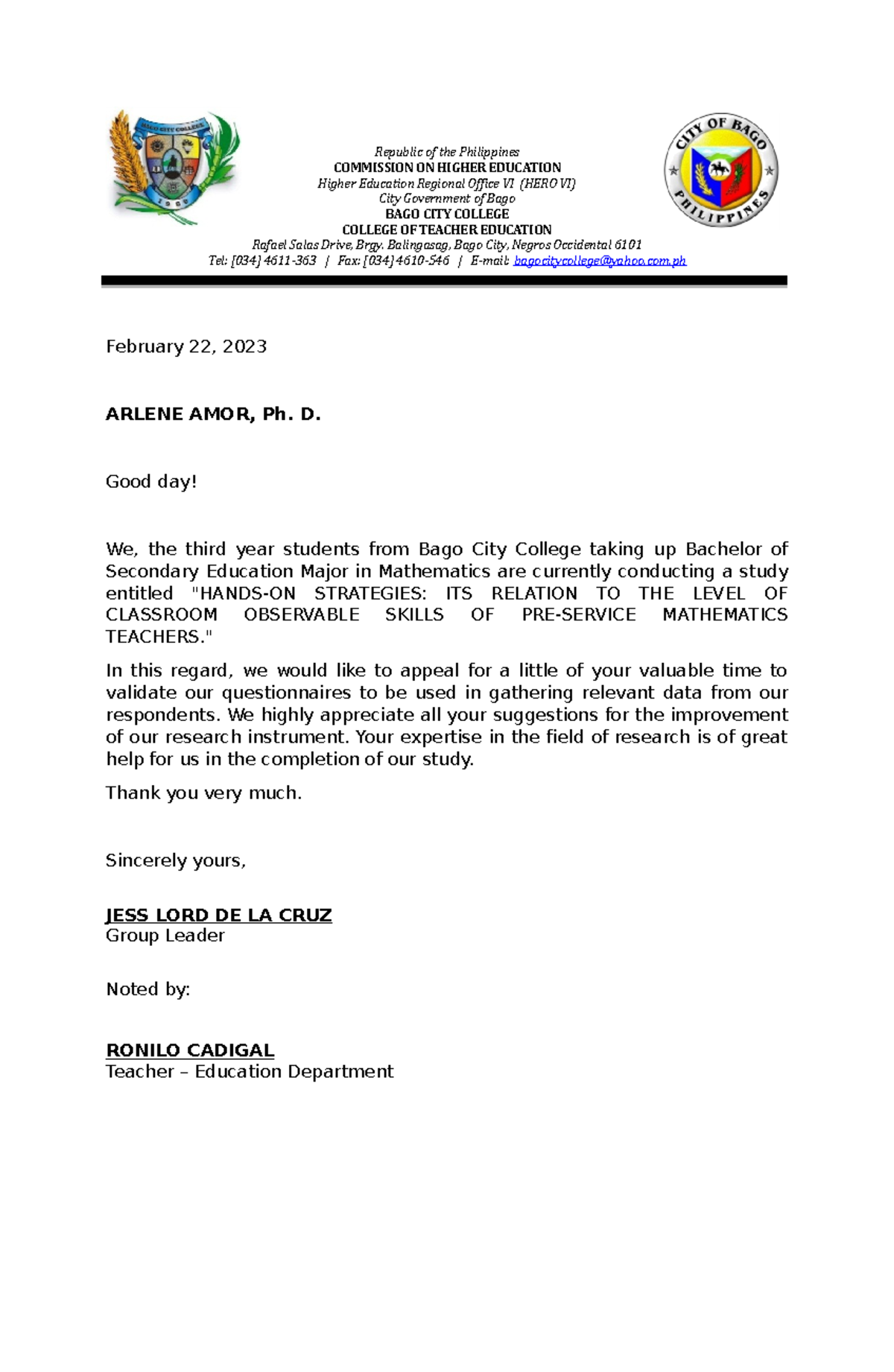 Letter of Validation Request for BSEd Math Study at Bago City College ...