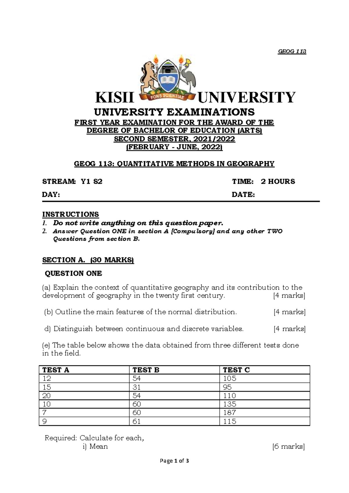 GEOG 113: Quantitative Methods Exam - Kisii University 2022 - Studocu