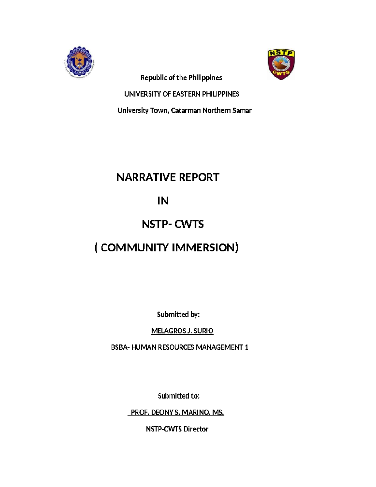 Narrative Report on CWTS Community Immersion Activities (HRM 1) - Studocu
