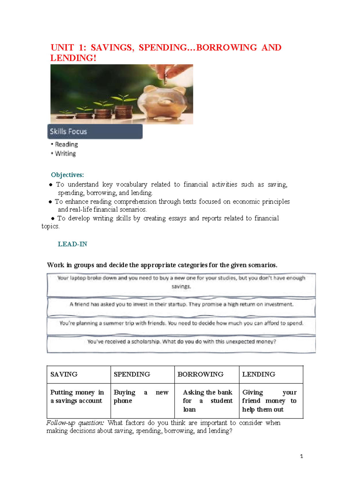 UNIT 1: SAVINGS AND LENDING - Financial Vocabulary & Concepts - Studocu