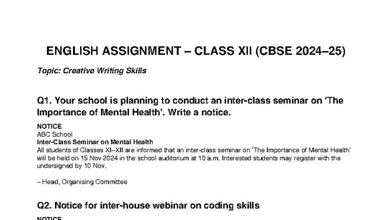 XII English Assignment CBSE 2024-25: Creative Writing Skills - Studocu