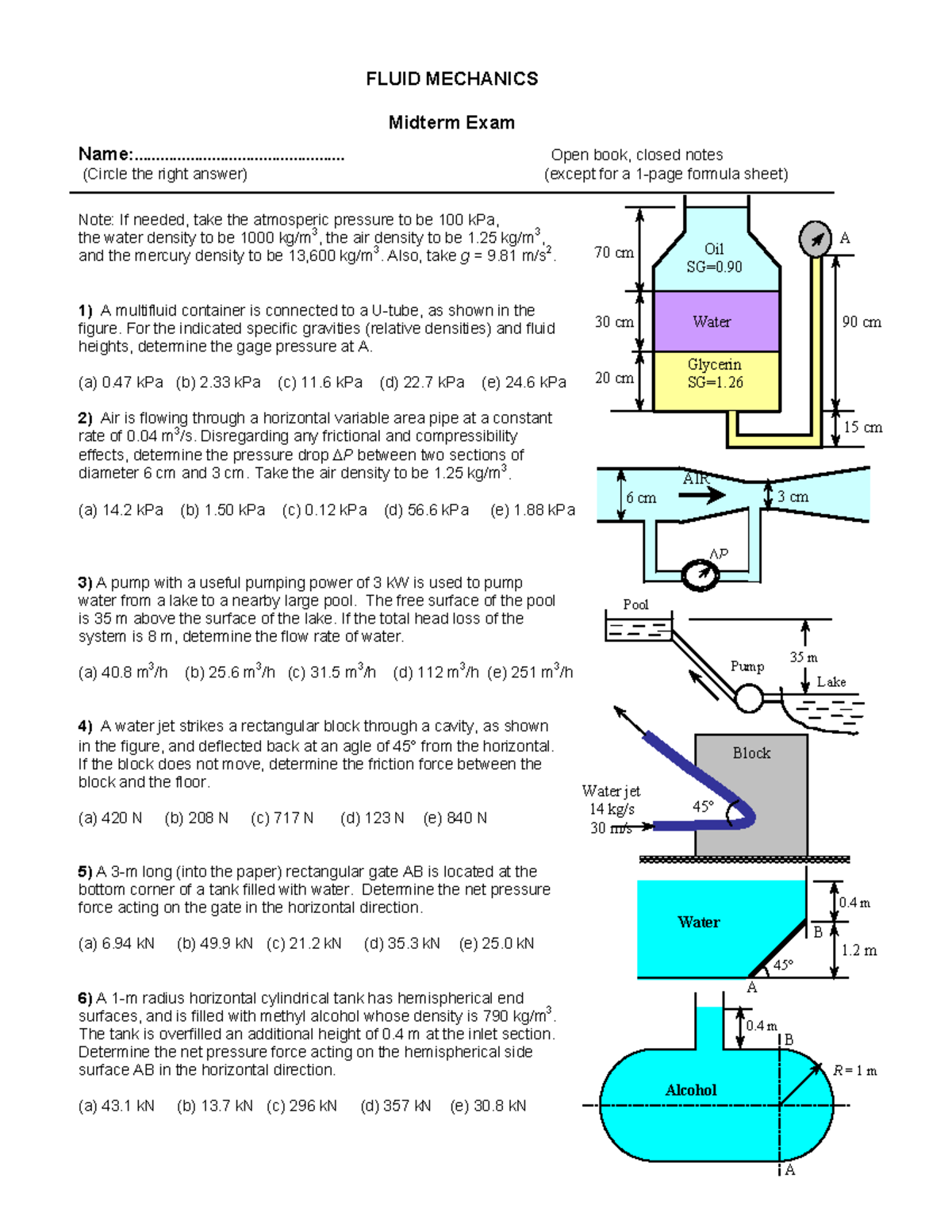 Fluid Mechanics Midterm Exam 2 with Solutions - Course Code: FM101 - Studocu