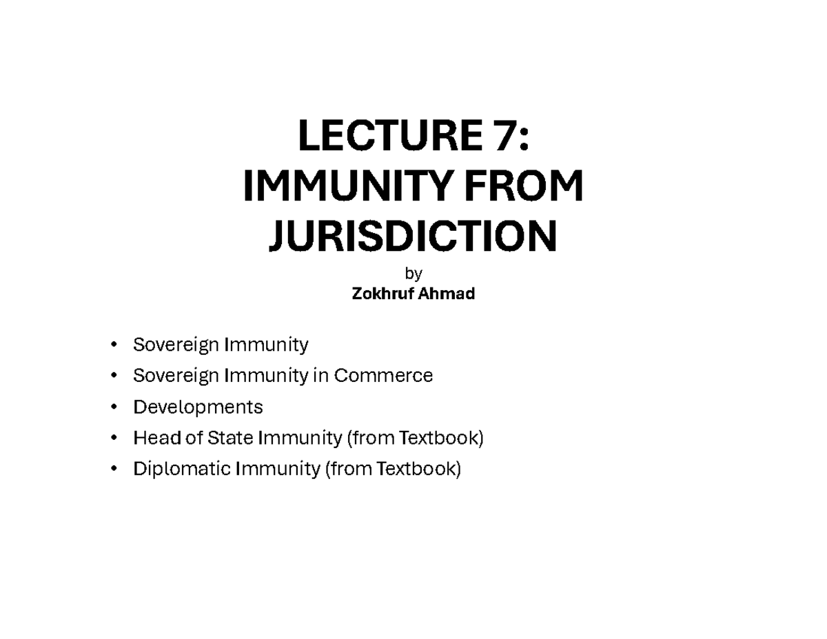 LECTURE 7: SOVEREIGN IMMUNITY AND JURISDICTIONAL ISSUES - Studocu
