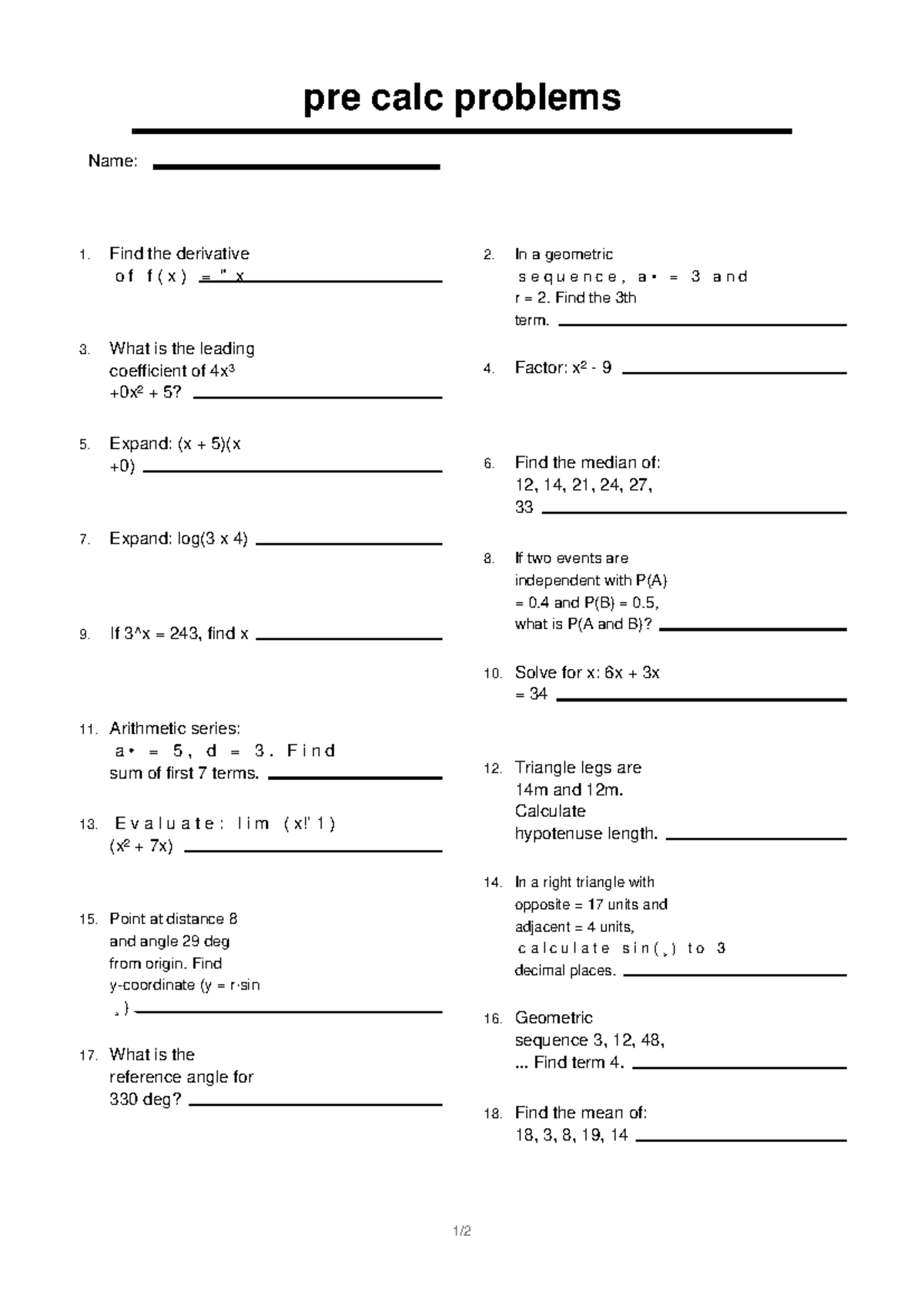 Pre Calc Problems 6: Derivatives, Sequences, and Statistics - Studocu