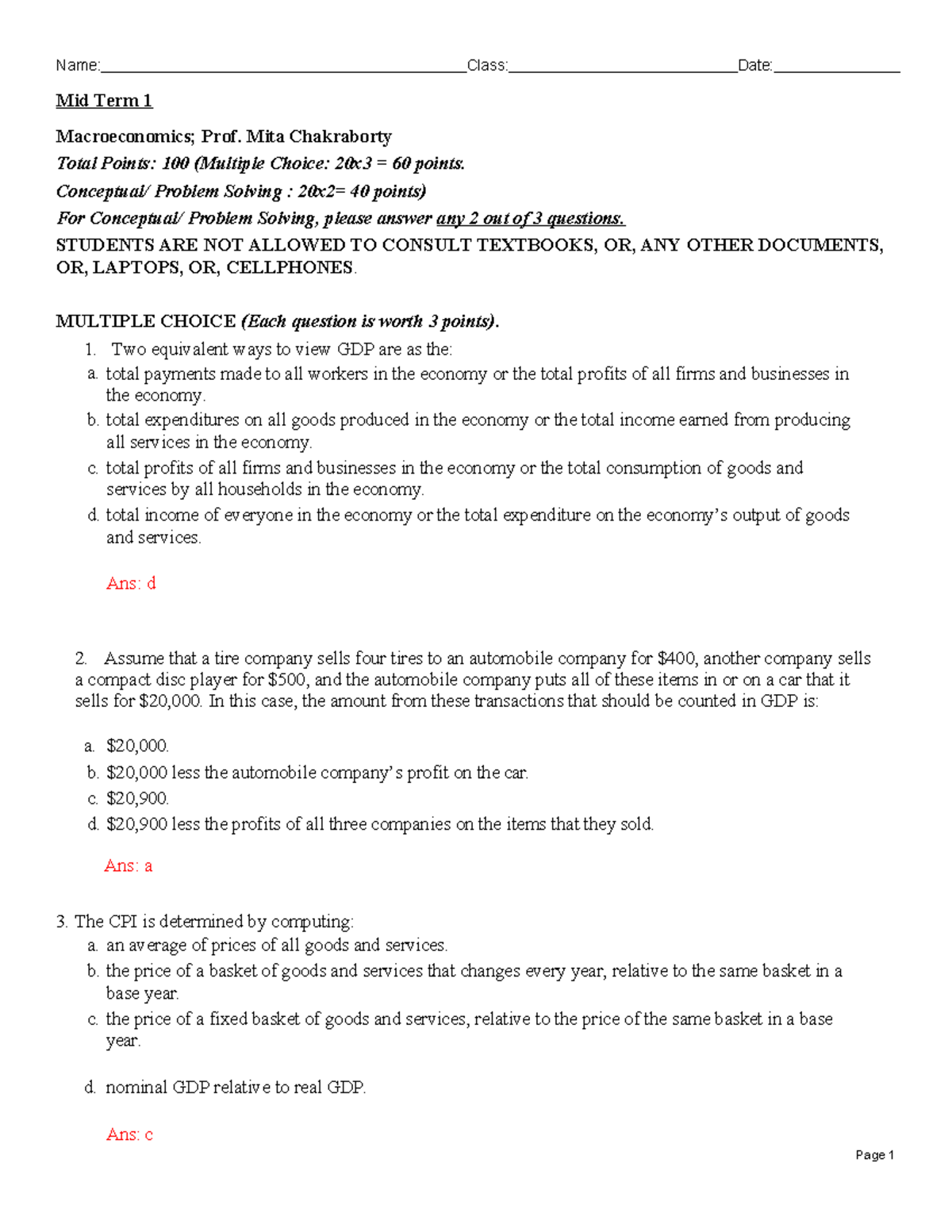 Midterm Exam 1 (Course Code: ECON101) - Prof. Mita Chakraborty - Studocu