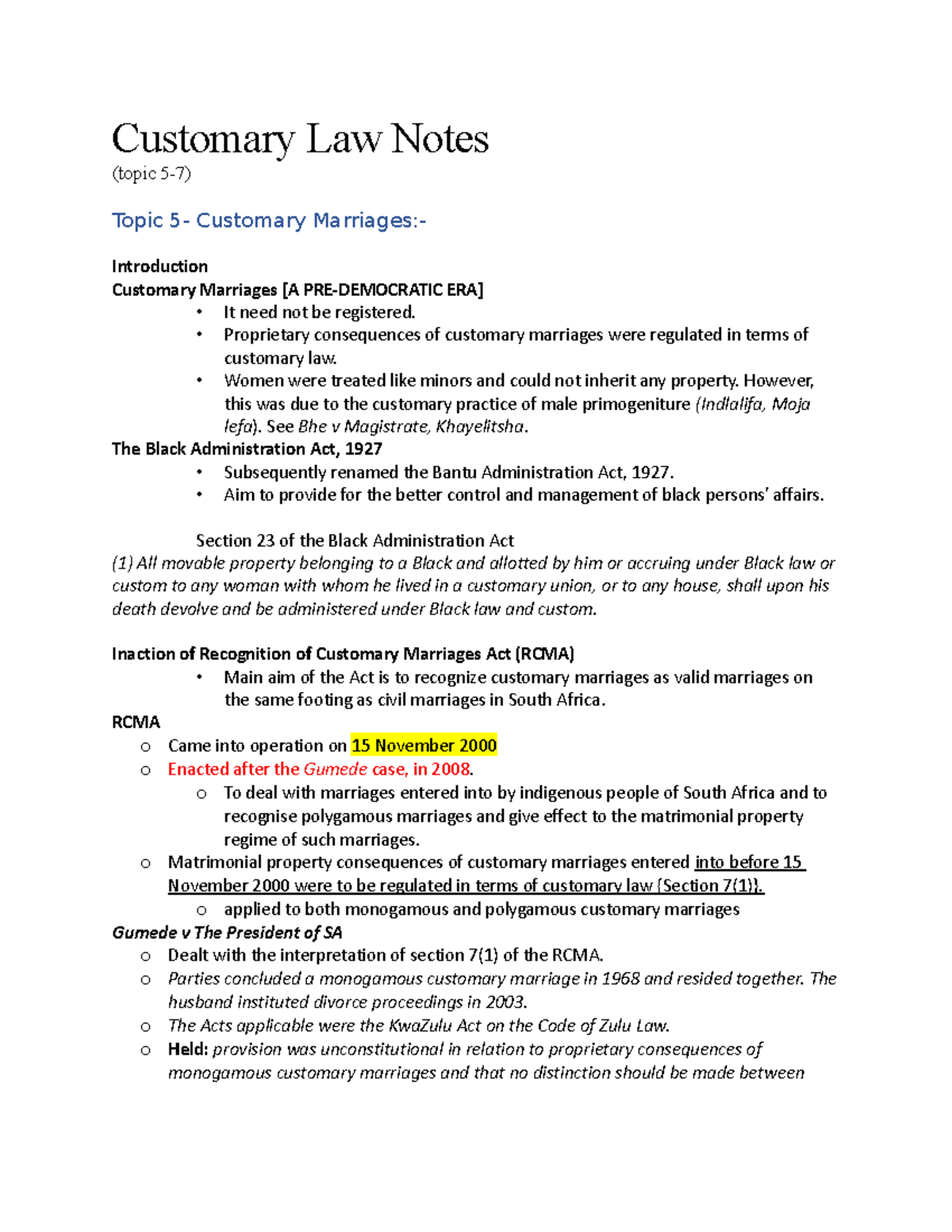 Customary Law Notes: Topics 5-7 Overview and Key Cases - Studocu