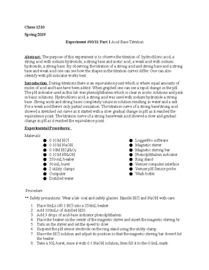 Acid Base Titration - Chemistry 1210 Lab report containing an abstract ...