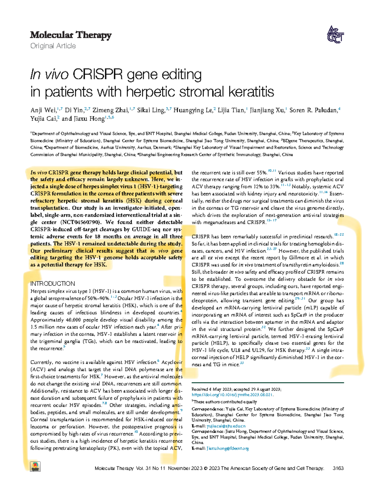 In Vivo CRISPR Gene Editing for Herpetic Stromal Keratitis: Clinical ...