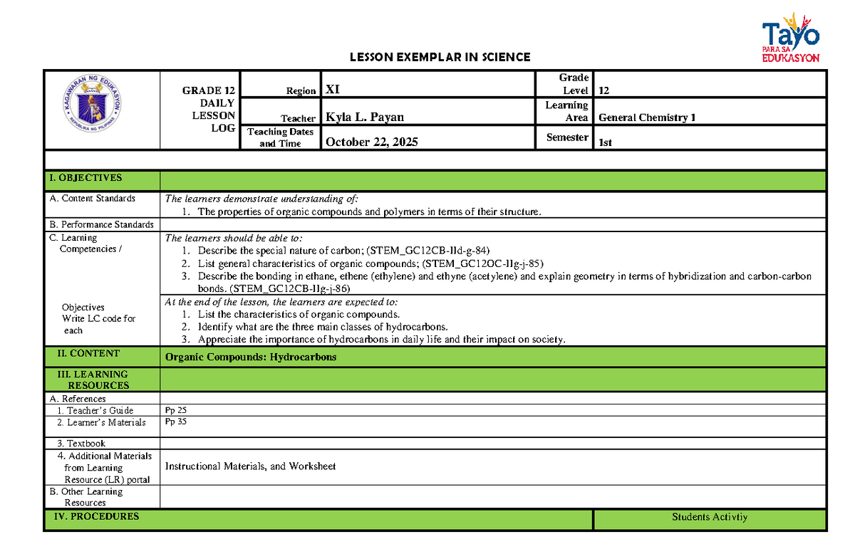 Gen Chem 1 - Lesson Exemplar on Organic Compounds for Grade 12 - Studocu