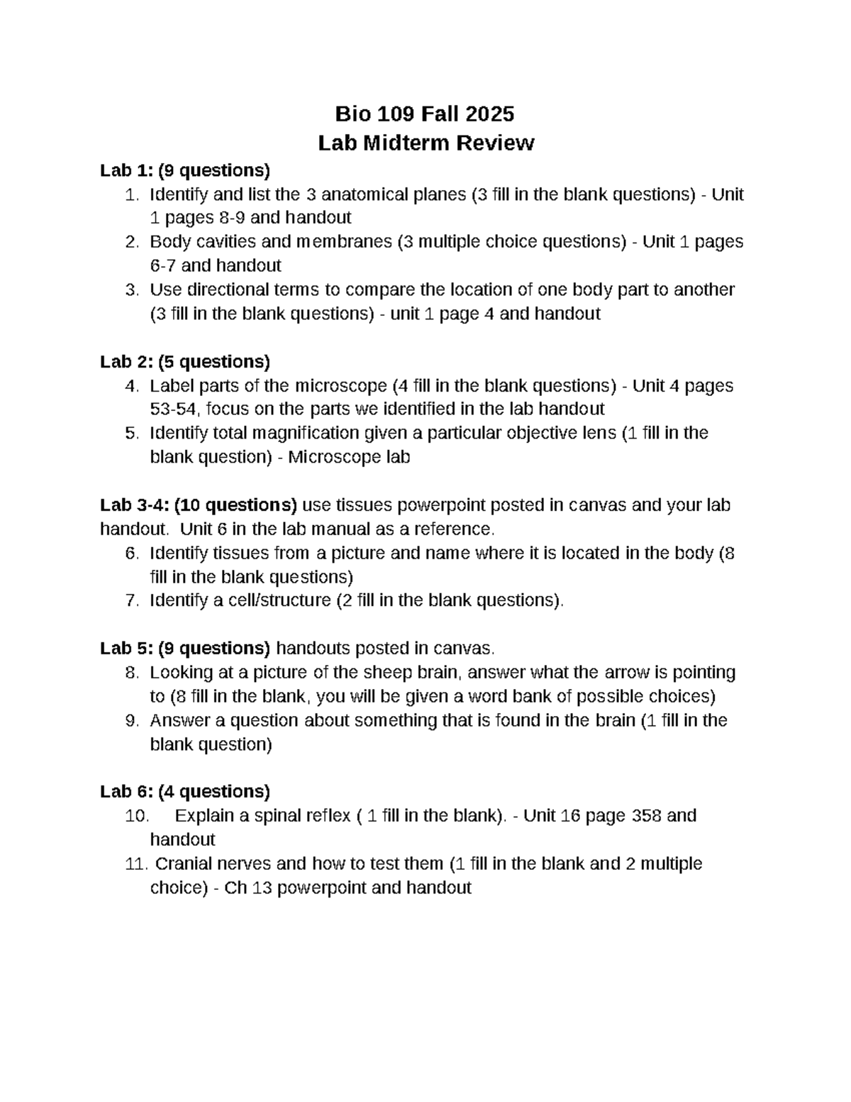 Bio 109 Fall 2025 Lab Midterm Review Guide: Key Topics & Questions ...
