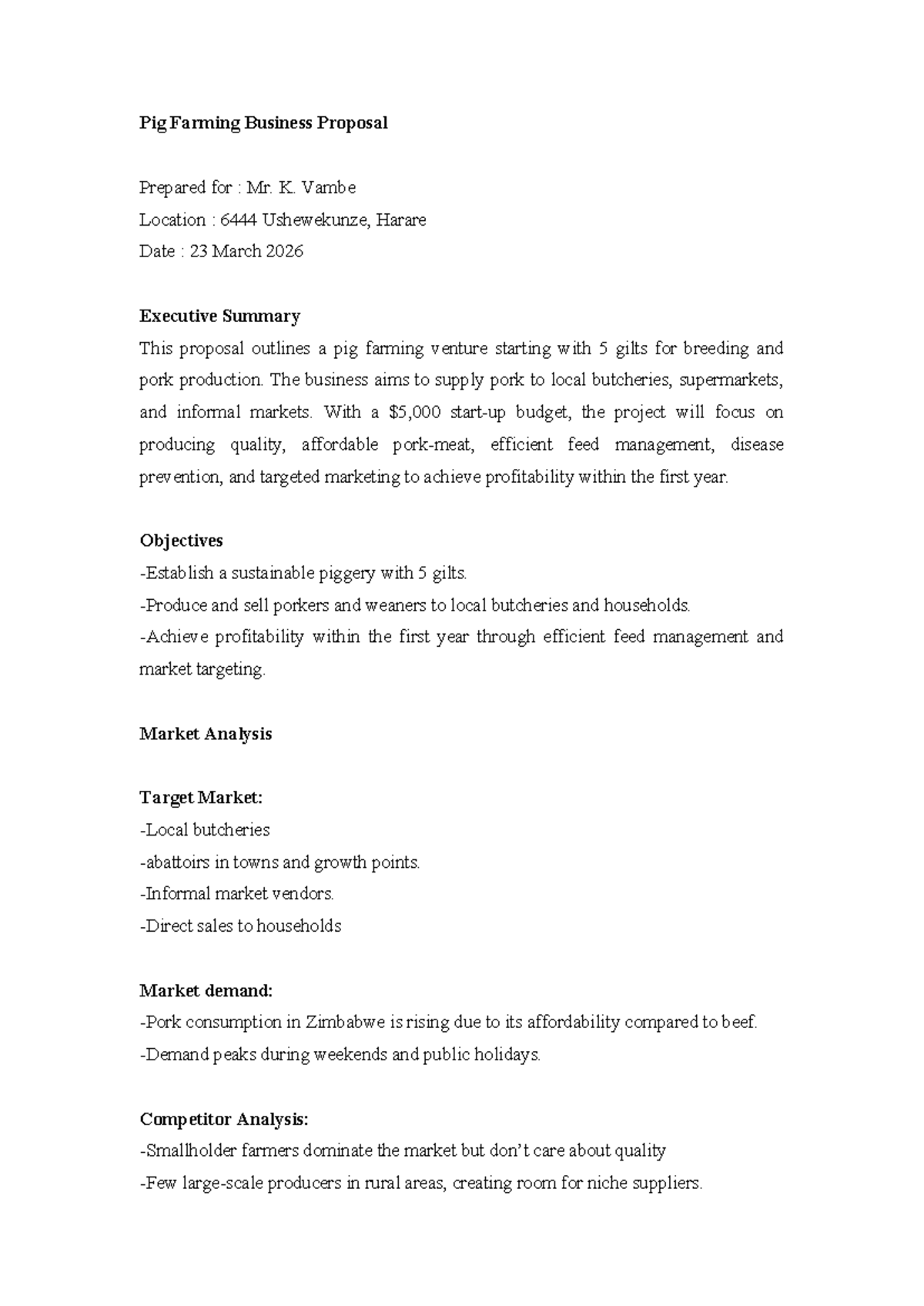 Pig Farming Business Proposal (5 Gilts) for Mr. K. Vambe - Studocu