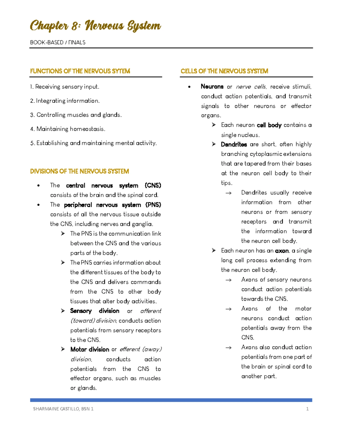 Anaphy - Chapter 8 AND 9 Nervouse System and Senses - Chapter 8-Nervous System Functions ...
