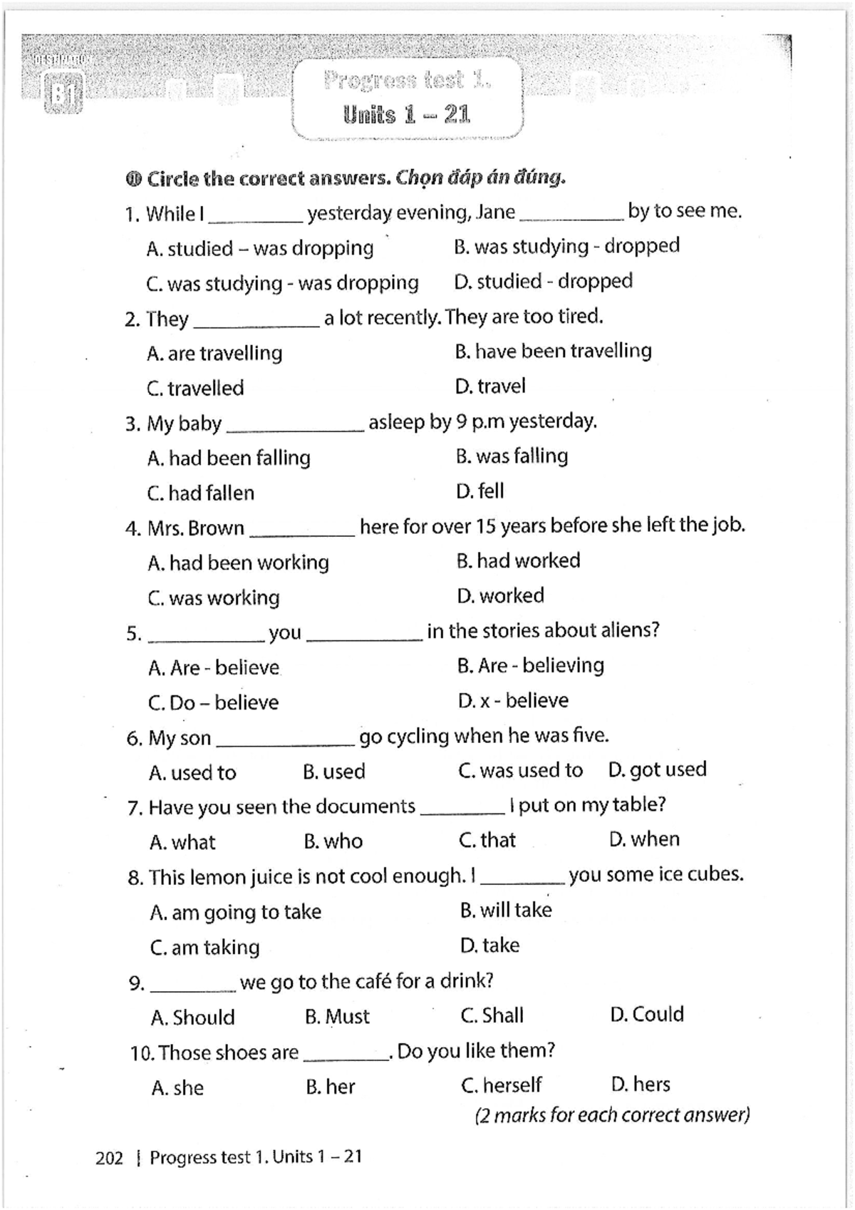 Progress Test 1: Grammar & Vocabulary Units 121 - Studocu