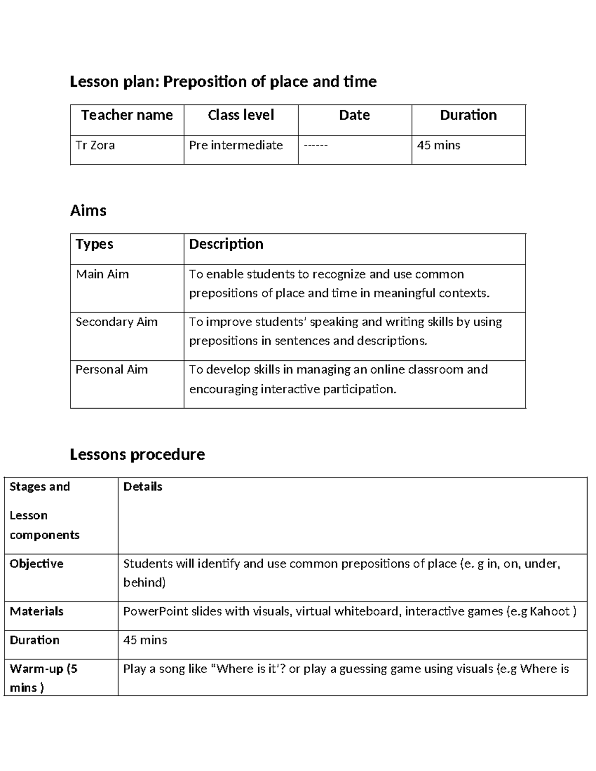 Lesson plan - i want pdf file - Lesson plan: Preposition of place and ...