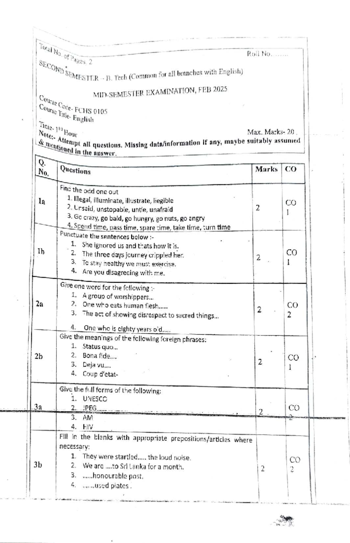 Mid Sem Exam Paper for English FCHS 0105 - FEB 2025 - Studocu