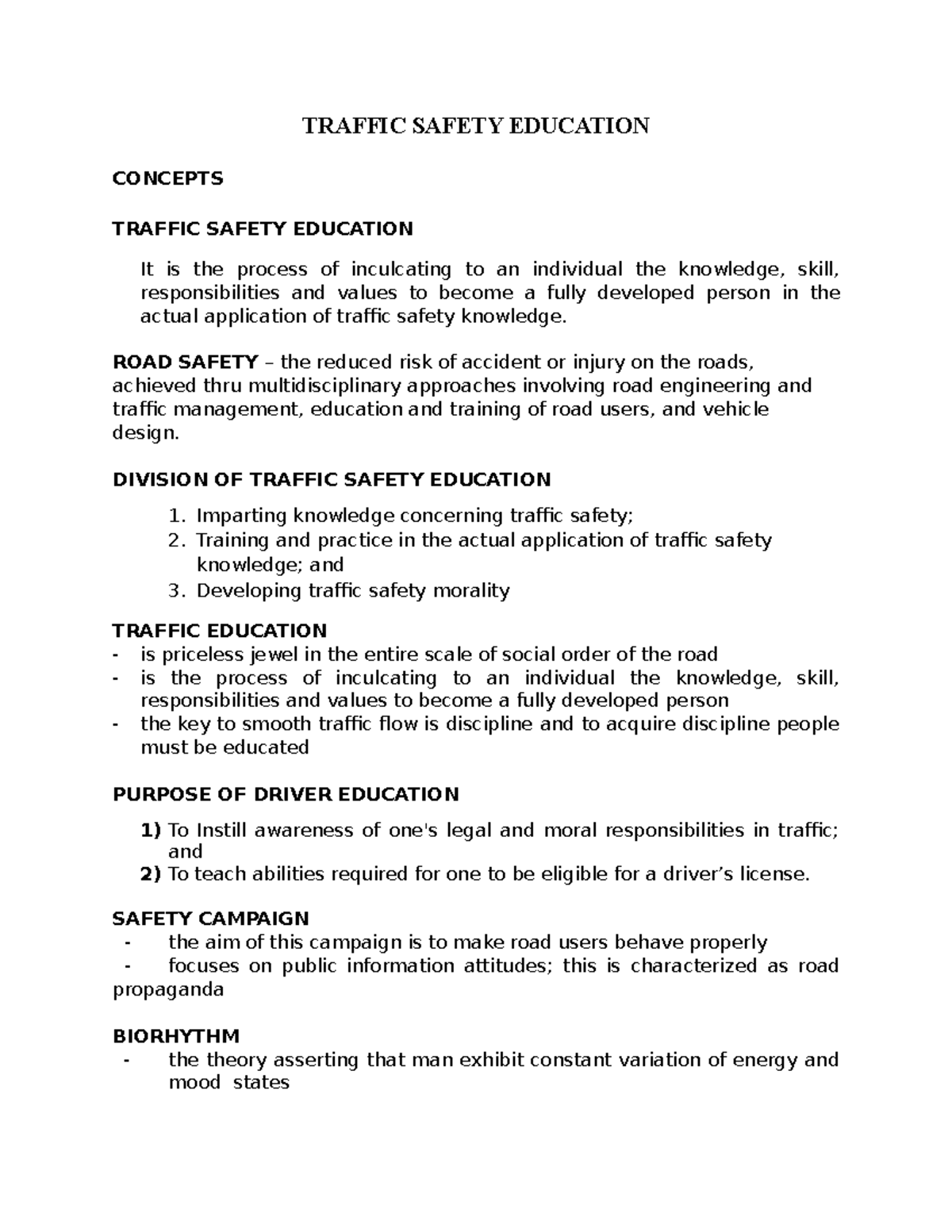Lesson 4 Traffic Safety Education - TRAFFIC SAFETY EDUCATION CONCEPTS ...