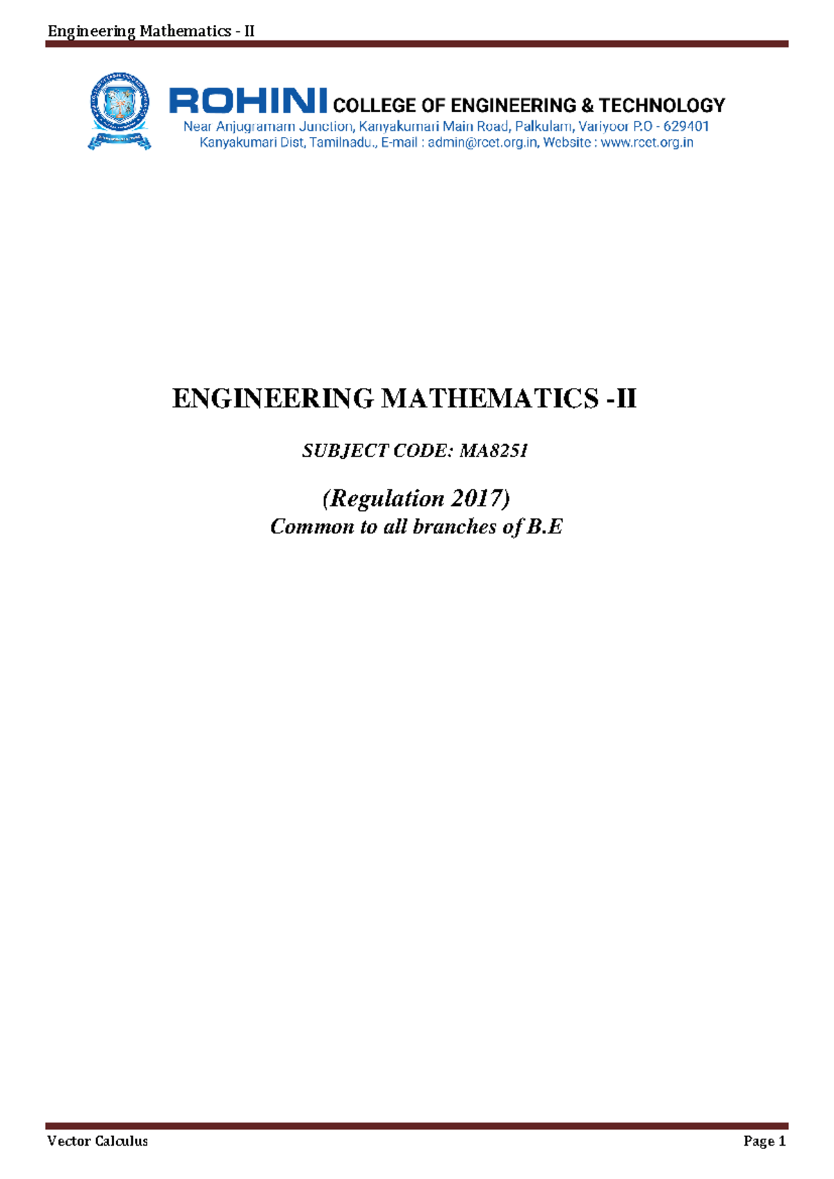 MA82 51 Lecture Notes: Fundamentals of Vector Calculus in Engineering ...