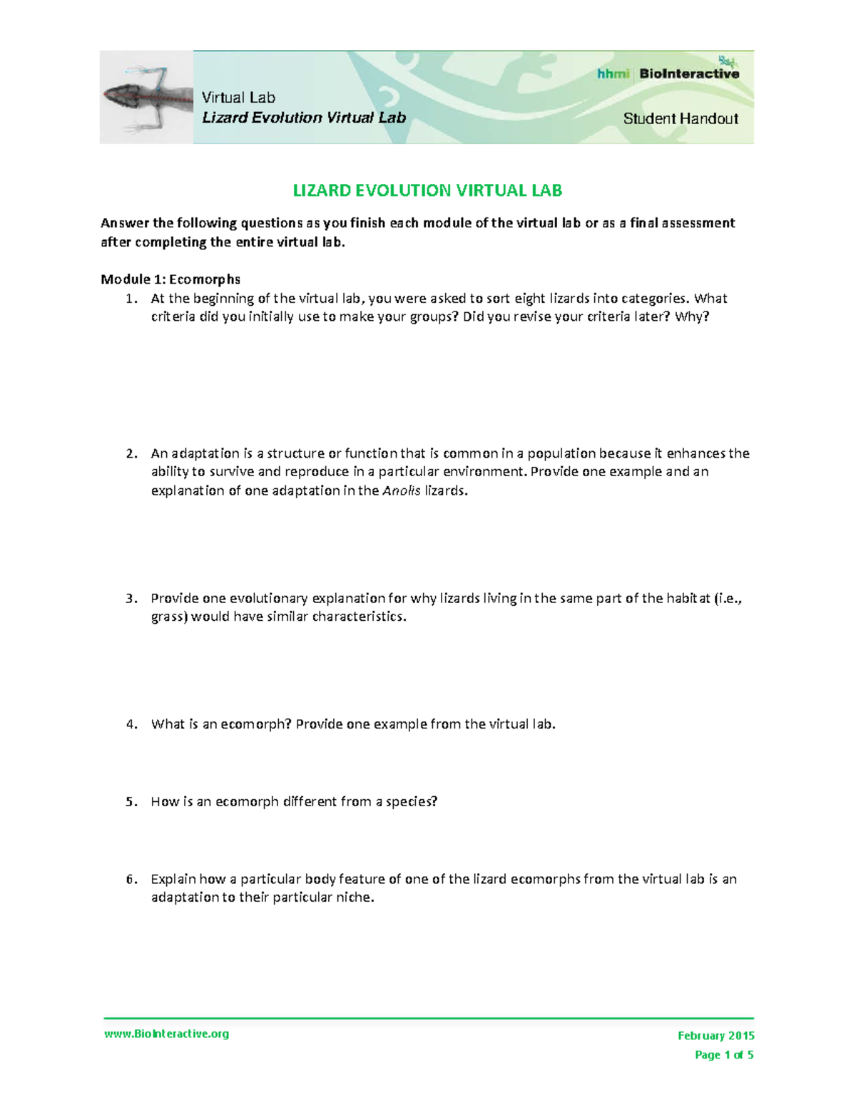 Lizard-Evolution-Virtual-Lab-Student-Worksheet 1 - BioInteractive ...