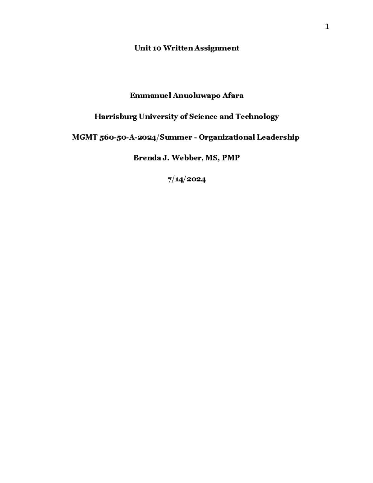 MGMT 560-50-A-2024/Summer: Org Leadership Unit 10 Written Assignment - Studocu