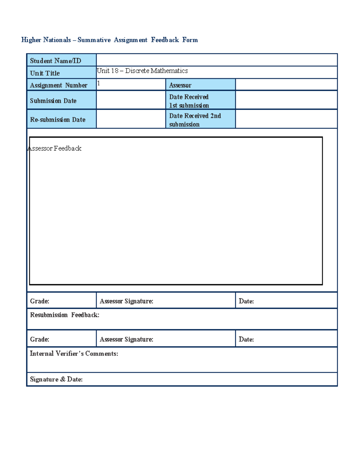 AS 01 Discrete Mathematics Assignment Feedback Form - Studocu
