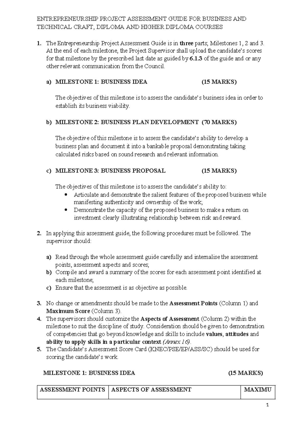 Entrepreneurship Project Assessment Guide: Milestones for Diploma ...