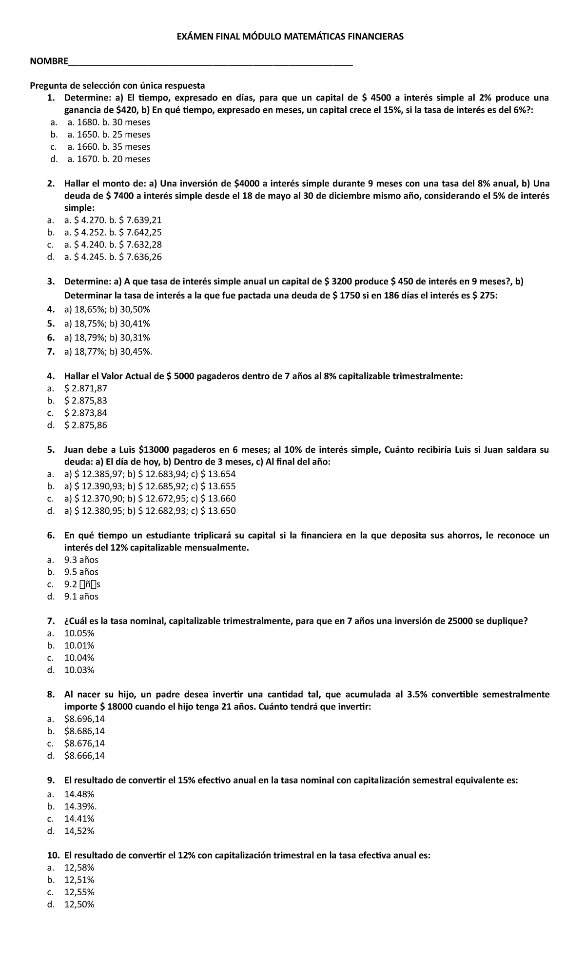 Examen Final Módulo Matemáticas Financieras - Preguntas y Respuestas - Studocu